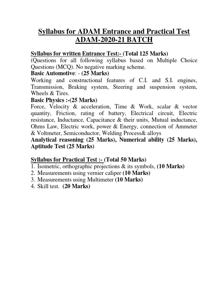 ADAM Entrance Test Syllabus 2020-21 | PDF