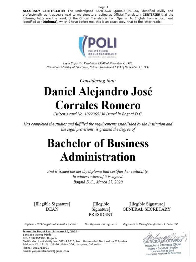 Translated Diploma Politecnico Grancolombiano DANIEL ALEJANDRO CORRALES ...
