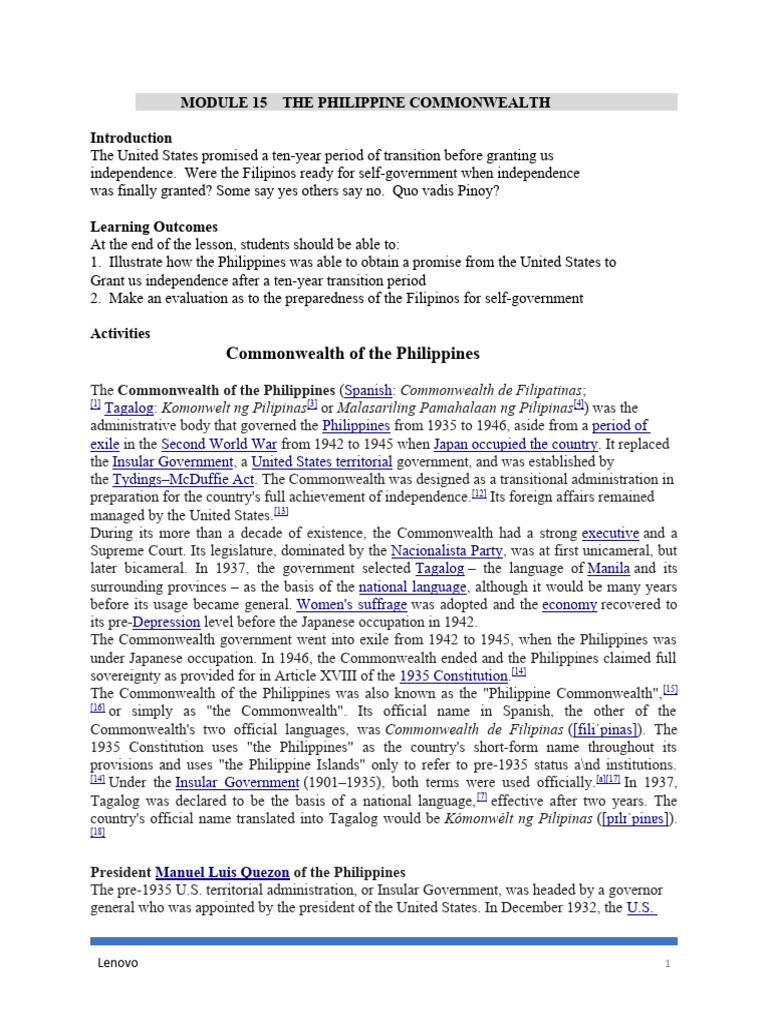 Module 15 The Philippine Commonwealth | PDF | Government | Philippines