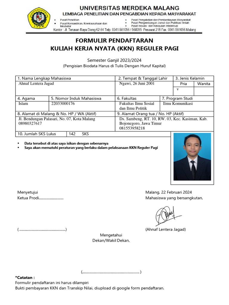 Formulir KKN Reguler Pagi 2023/2024 | PDF