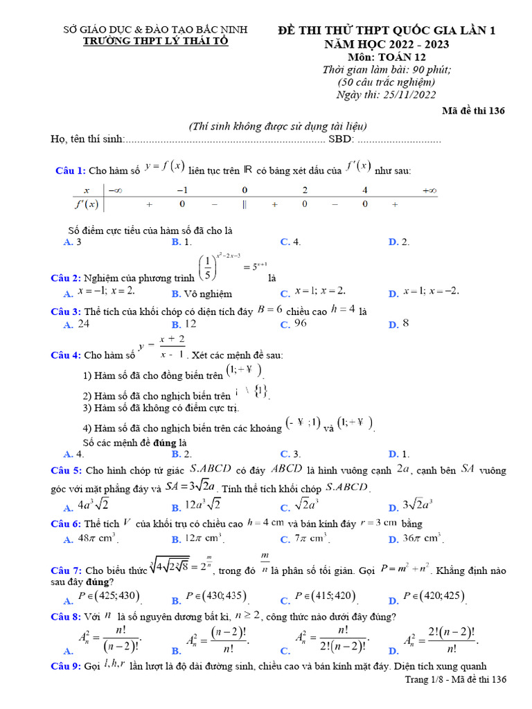 De Thi Thu THPT QG 2023 Lan 1 Mon Toan Truong THPT Ly Thai To Bac Ninh | PDF