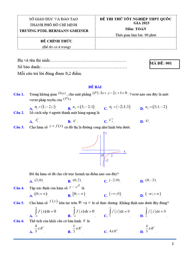 De Thi Thu TN THPT 2023 Mon Toan Truong PTDL Hermann Gmeiner TP HCM | PDF