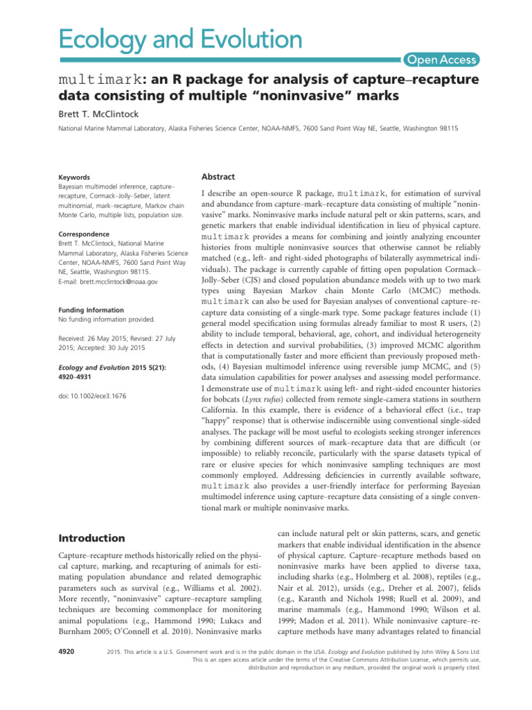 Ecology And Evolution 2015 Mcclintock Multimark An R Package For