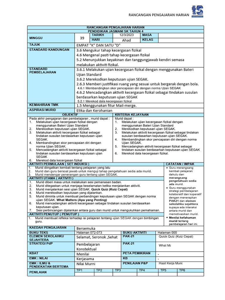 RPH Minggu 39 Pendidikan Jasmani THN 4 2023 by Cikgu Gorgeous | PDF