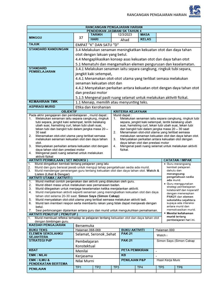 RPH Minggu 37 Pendidikan Jasmani THN 4 2023 by Cikgu Gorgeous | PDF