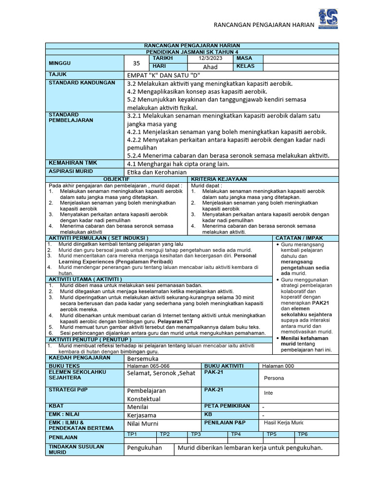 RPH MINGGU 35 PENDIDIKAN JASMANI THN 4 2023 BY CIKGU GORGEOUS | PDF