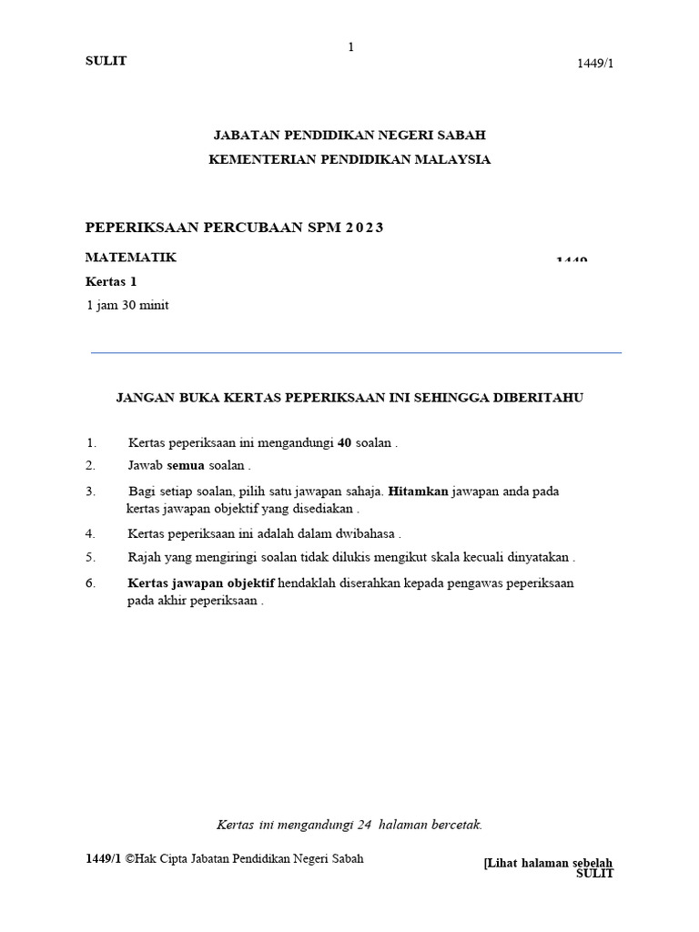 k1 Percubaan SPM Matematik JPN Sabah | PDF