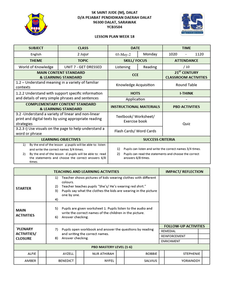LP TS25 Year 2 Week 18 | PDF | Lesson Plan | Worksheet