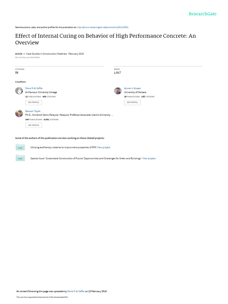 Research Gate - Effect of Internal Curing On Behavior of High Performance Concrete An Overview ...