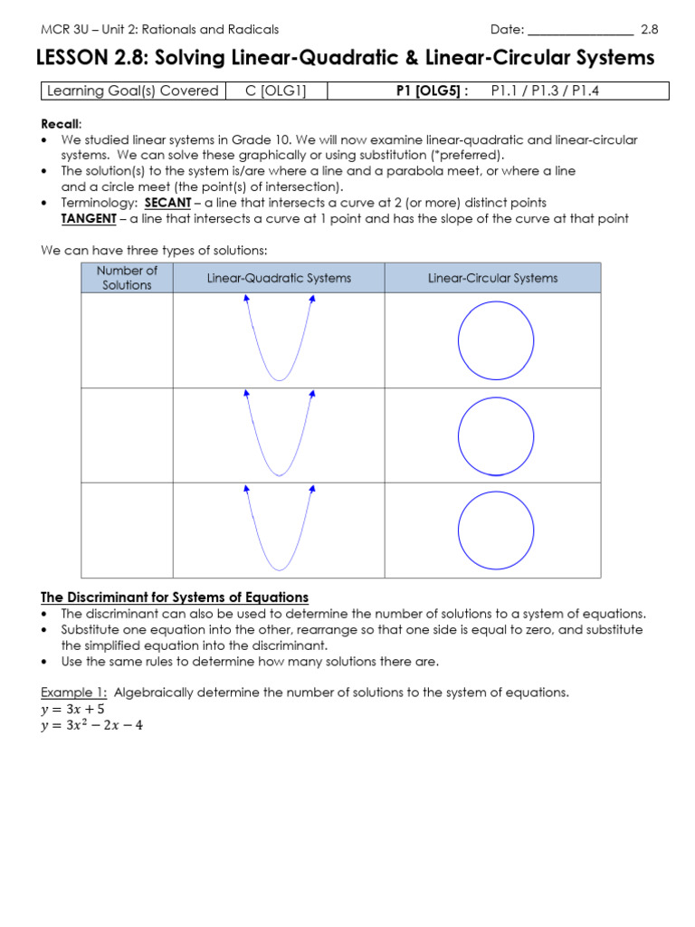 2.8 - Solving Linear-Quadratic and Linear-Circular Systems | PDF