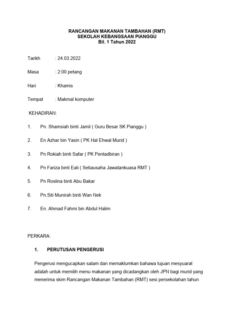 Contoh Minit Mesyuarat RMT Bilangan | PDF