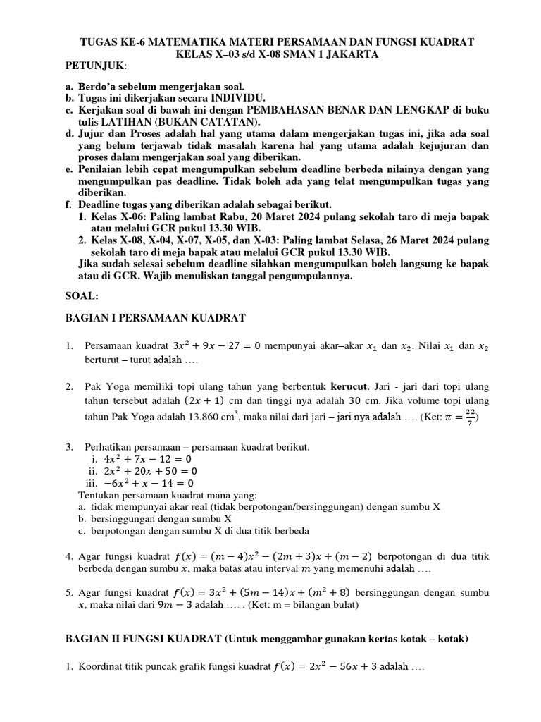 TUGAS KE-6 MTK MATERI PERSAMAAN DAN FUNGSI KUADRAT KELAS X-03 S.D X-08 SMAN 1 JKT'23-24 | PDF