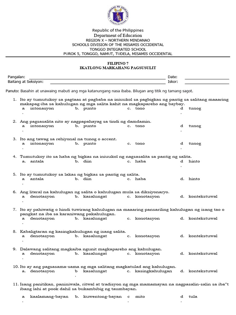 FILIPINO 7 Q3 EXAM | PDF
