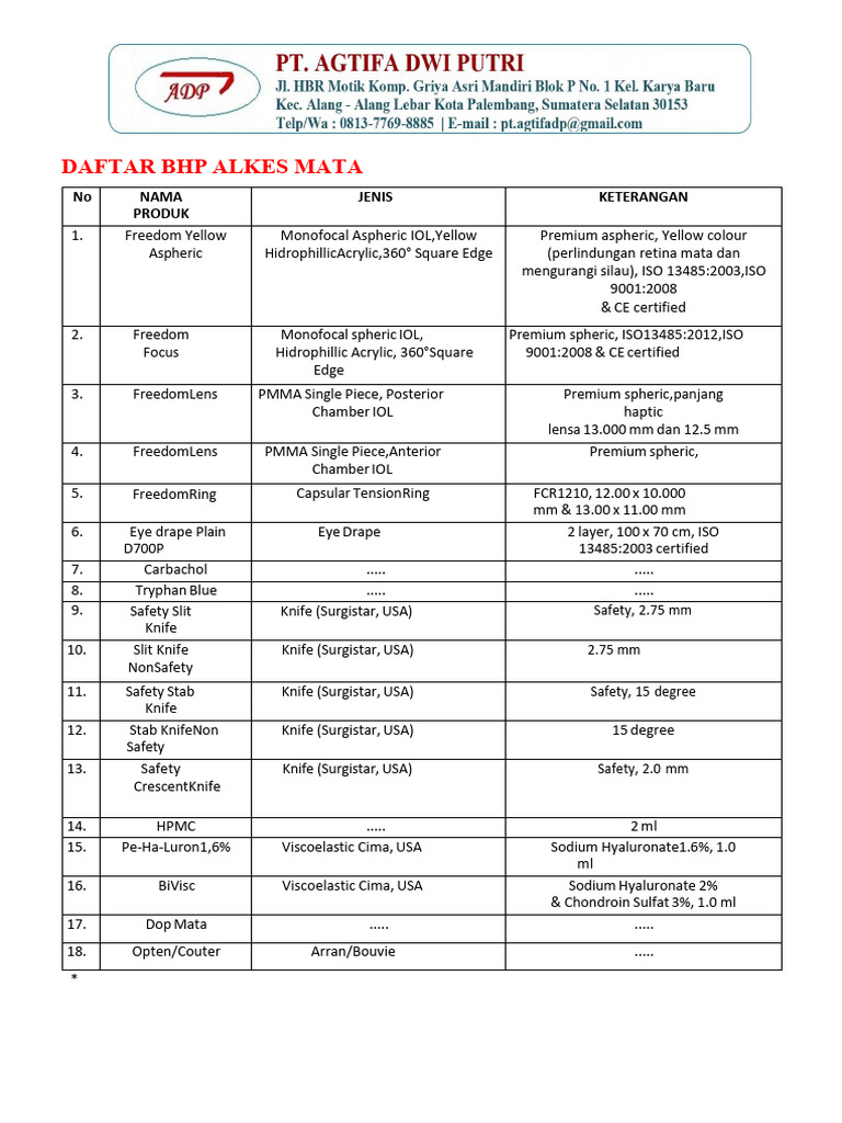 Daftar BHP Alkes Mata PT AGTIFA | PDF | Light | Lenses