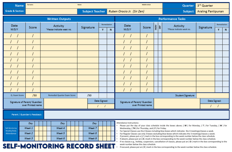 Self Monitoring Record Sheet 3 | PDF