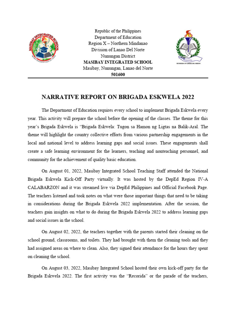 MasibayIS-Narrative Brigada Eskwela 2022 | PDF | Schools | Teachers