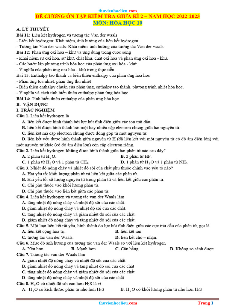 De Cuong On Tap Hoa 10 Giua HK2 Nam 22 23 | PDF