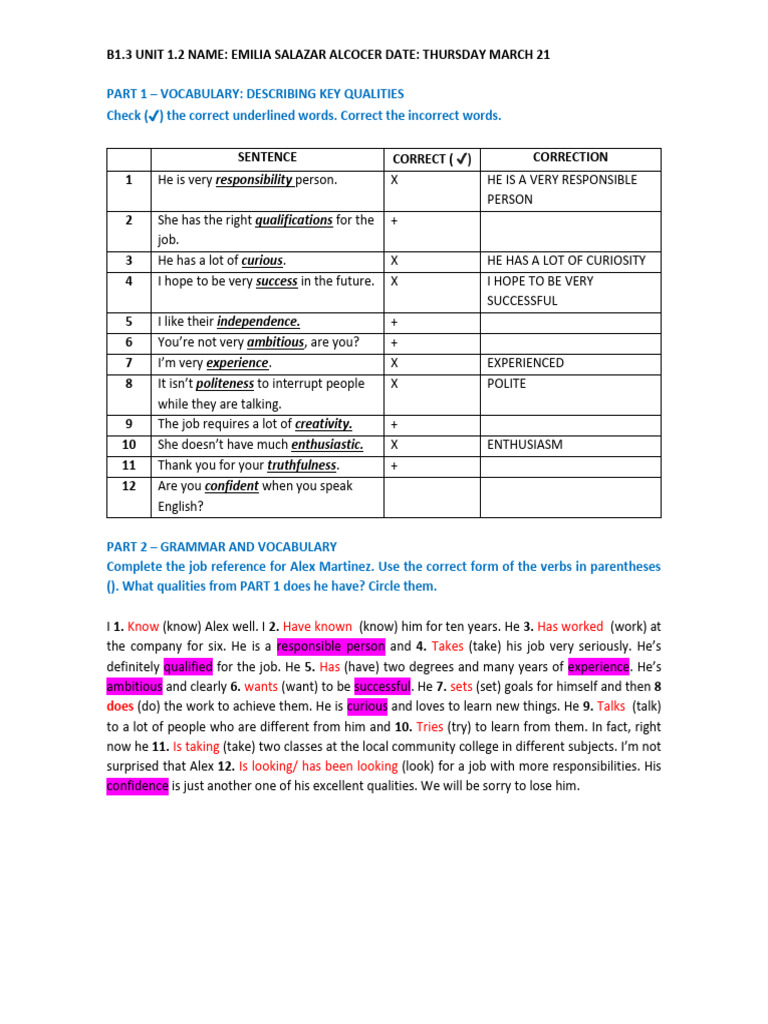 UNIT 1 - LESSON 2 PRACTICE EMILIA SALAZAR | PDF