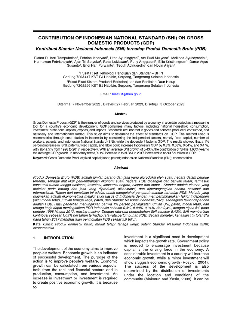 Contribution of Indonesian National Standard (Sni) On Gross Domestic ...