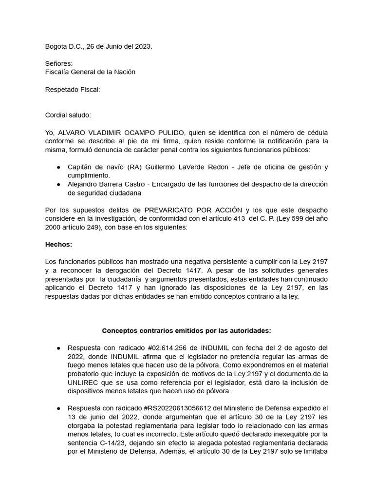 Denuncia Penal Prevaricato Por Accion. | PDF | Armas de fuego | Violación
