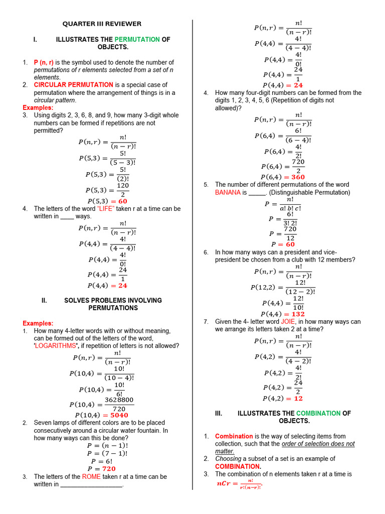 Quarter Iii Reviewer | PDF | Permutation | Probability