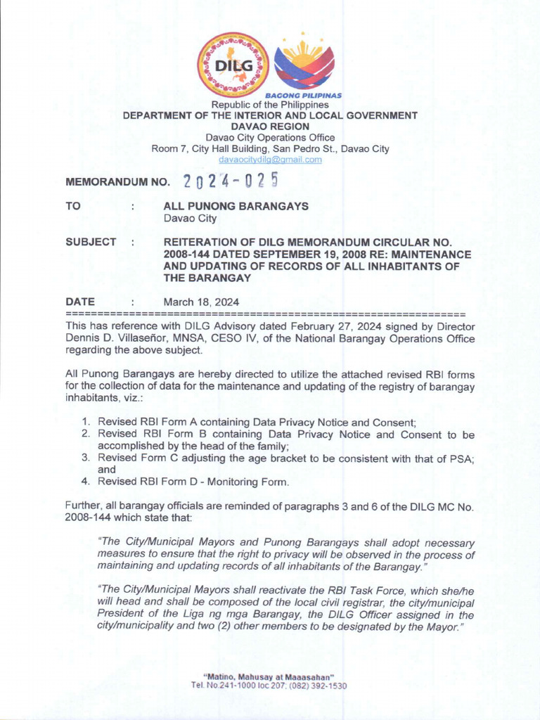 DILG Davao City Memorandum 2024-025 | PDF