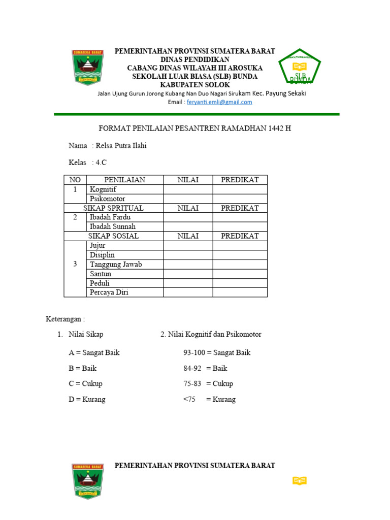 FORMAT PENILAIAN PESANTREN RAMADHAN 1442 H | PDF