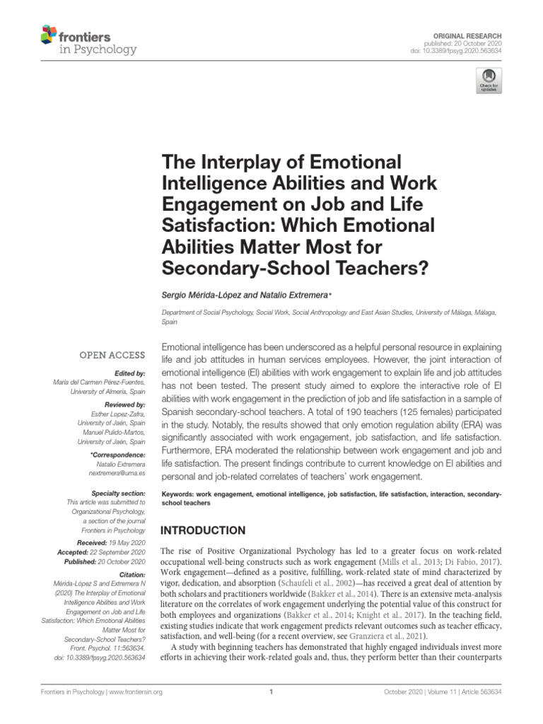 Merida-Lopez 2020 Teacher Work Engagement and Job Satisfaction | PDF ...