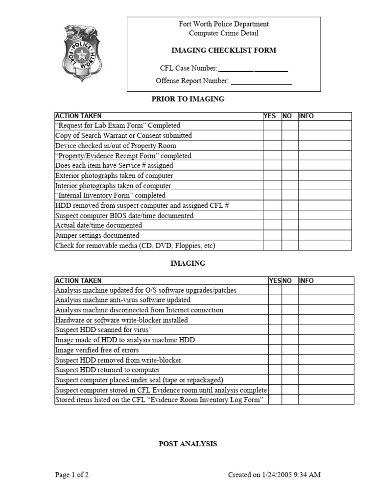 Imaging Checklist Form | PDF
