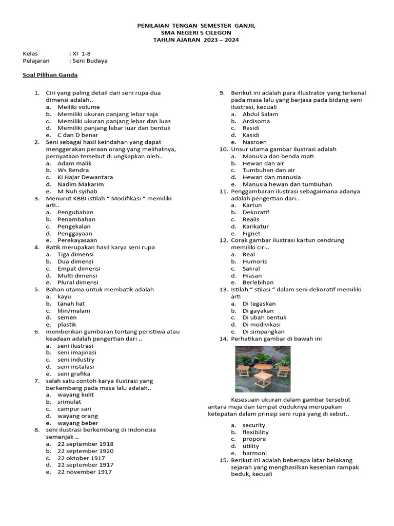 Soal Seni Budaya PTS 2024 Ganjil, Kls XI | PDF | Griya & Taman | Seni