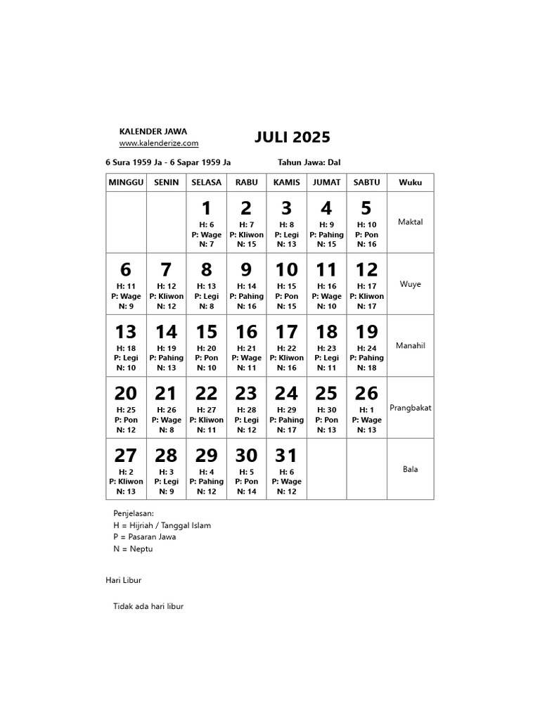 Ynzoz Kalender Jawa 2025 Juli | PDF