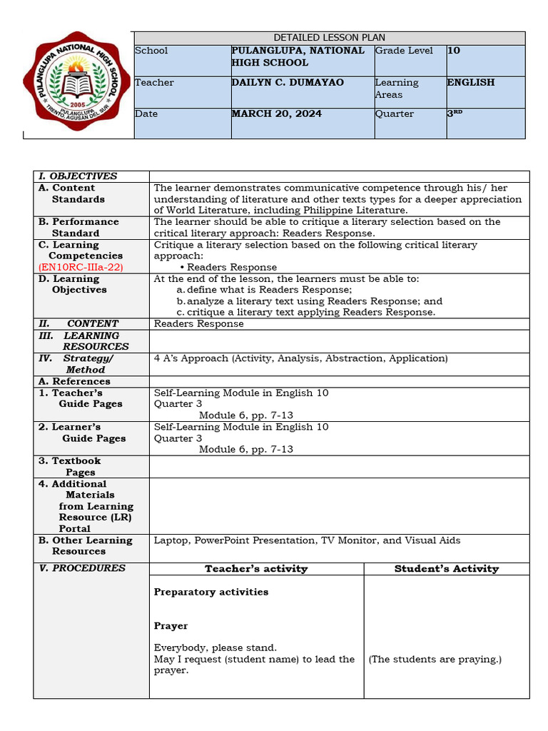 Lesson Plan: Readers Response in Literature | PDF | Language Arts ...