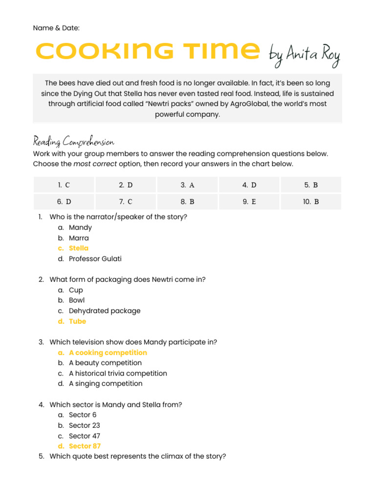 05 CookingTimeReadingComprehension (AnswerKey) | PDF | Natural Environment