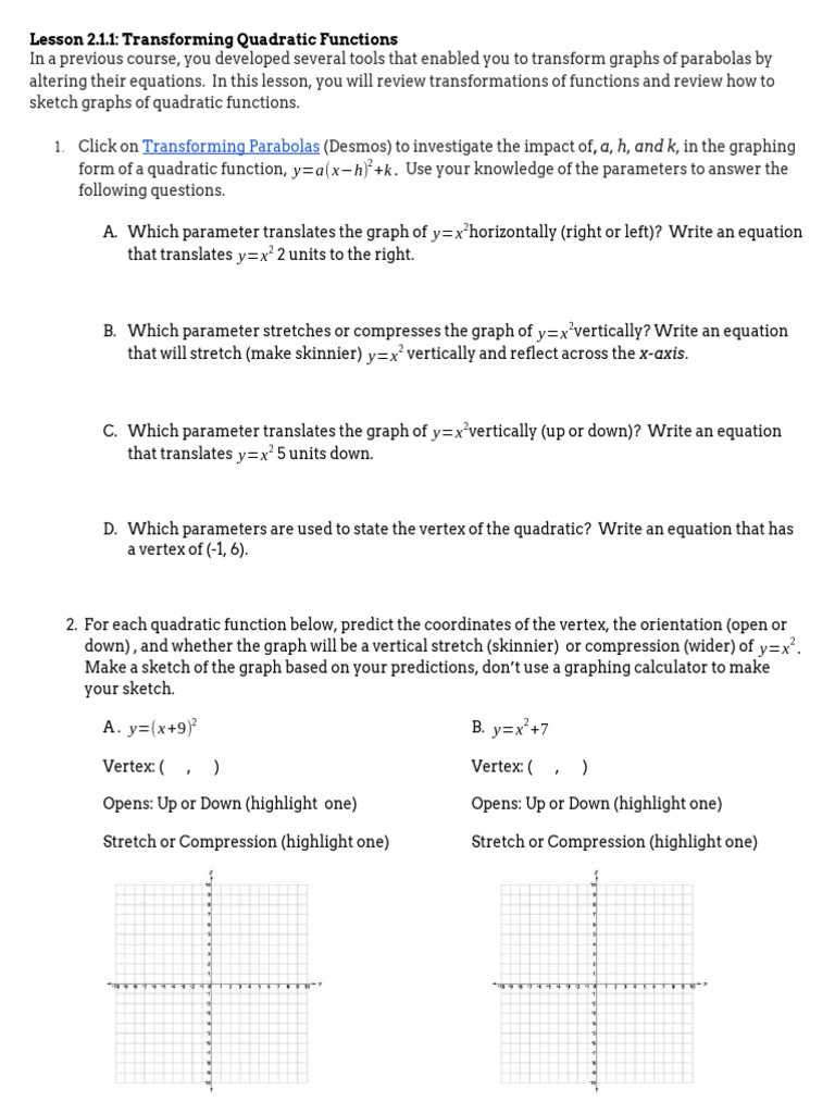 Lesson 2.1.1 - Transforming Quadratic Functions | PDF | Theoretical ...