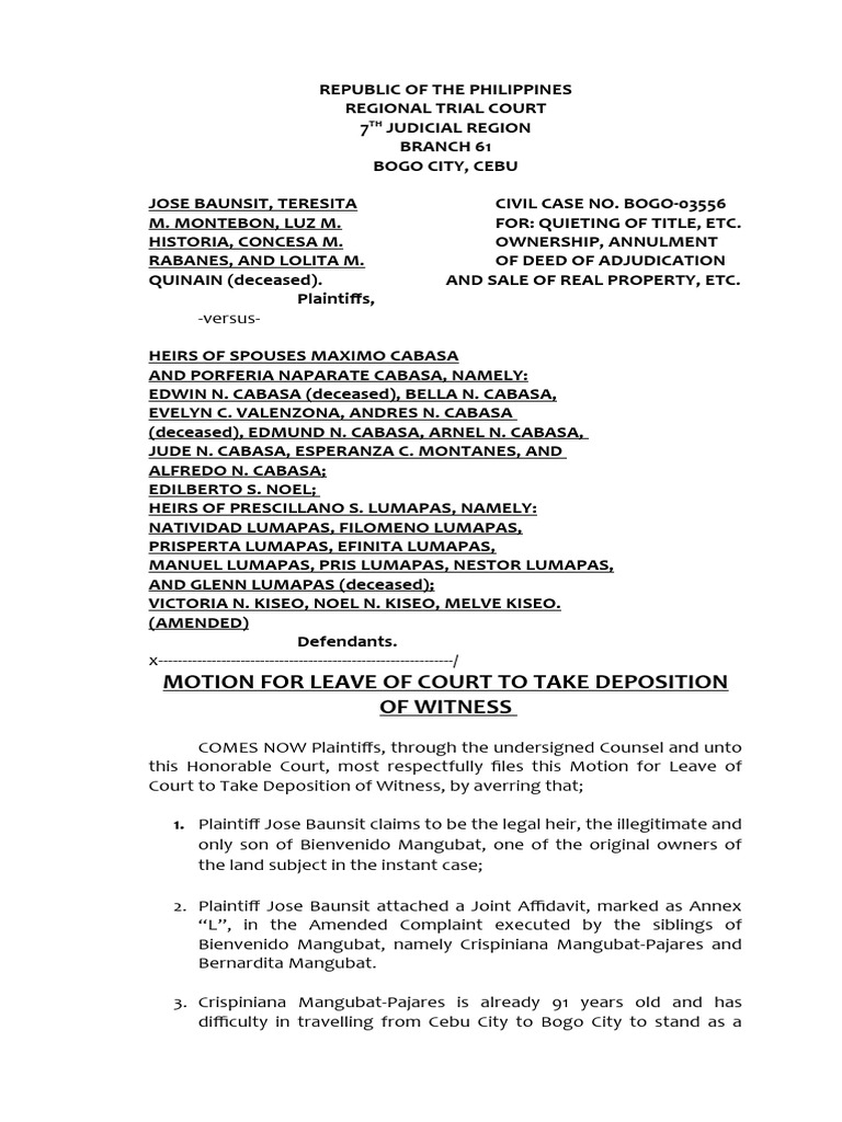 Motion For Leave of Court To Take Deposition of Witness | PDF ...