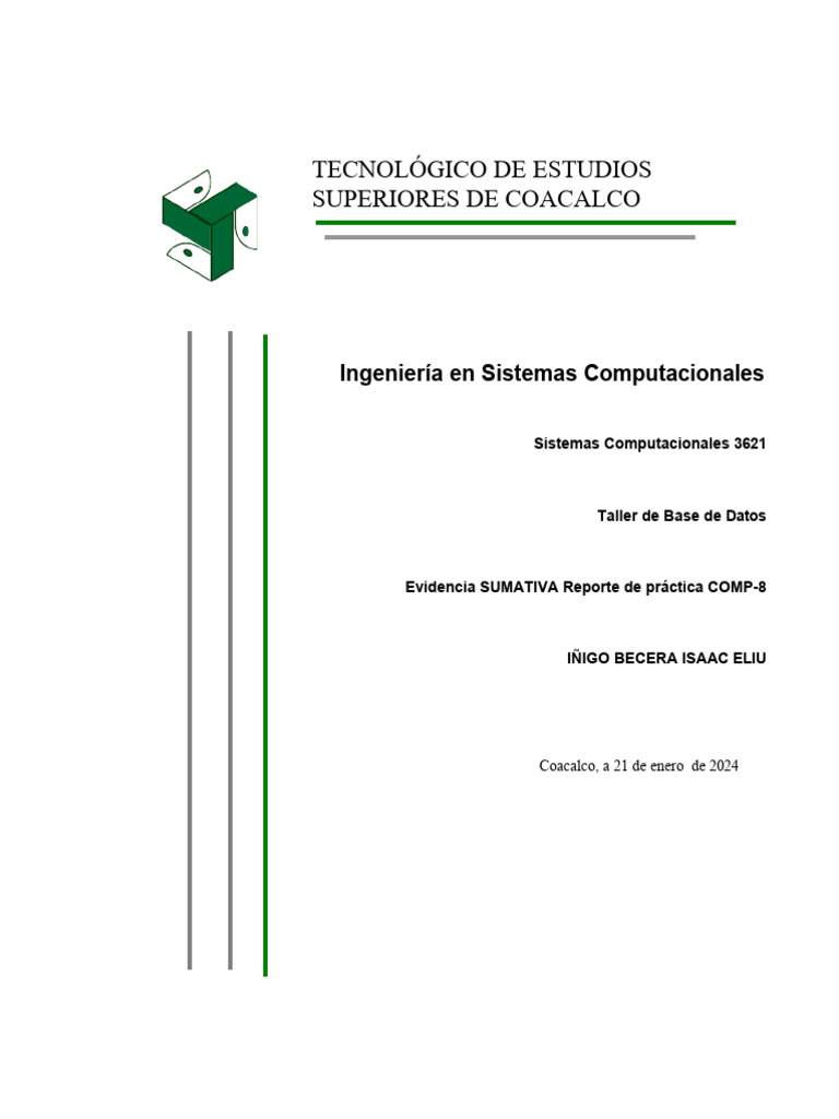 Evidencia SUMATIVA Reporte de Practica COMP-8 | PDF | Servidor SQL de Microsoft | SQL