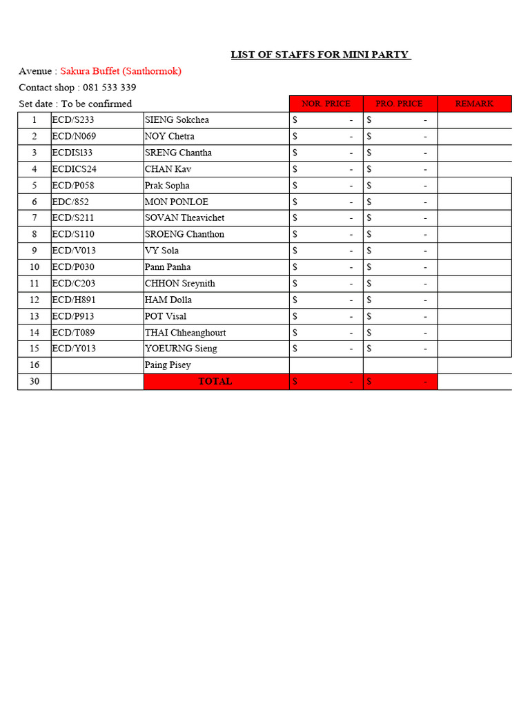 List of Staffs For Mini Party (Only Office) | PDF | Business | Leadership