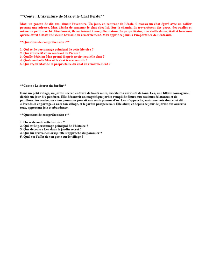 Lecture Compréhension CM1 : Contes et Questions | PDF | Art | Mystère ...
