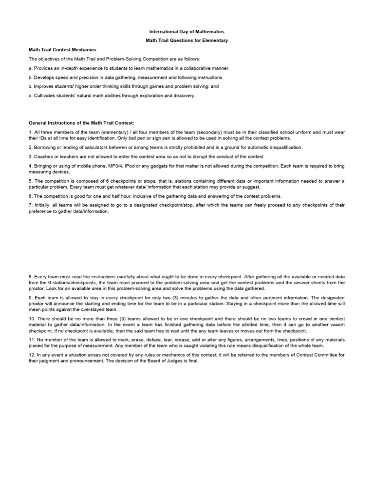 Math Trail (Elem) International Day of Mathematics 2023-2024 | PDF
