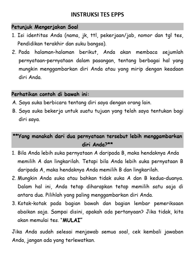 Instruksi Mengerjakan Tes EPPS | PDF | Seni & Disiplin Bahasa ...