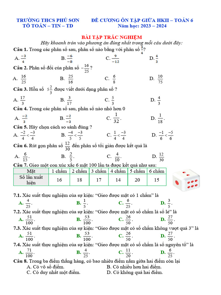 De Cuong Giua Ki 2 Toan 6 Nam 2023 2024 Truong Thcs Phu Son Dong Nai | PDF