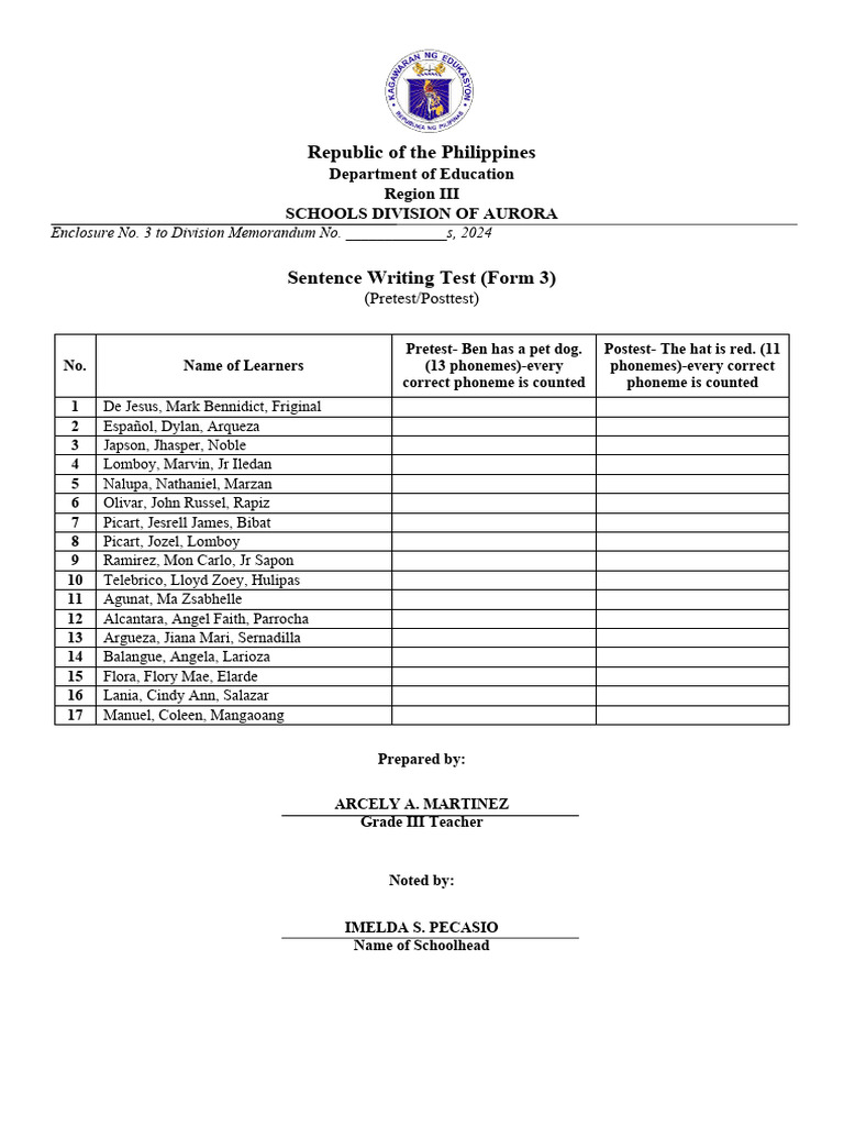 Grade 3-Sentence Writing Test (Form 3) | PDF
