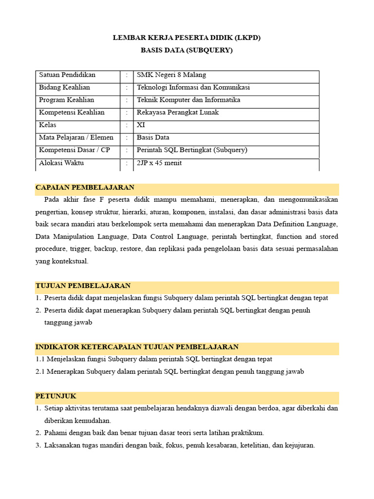 LKPD Xi RPL C - Subquery | PDF