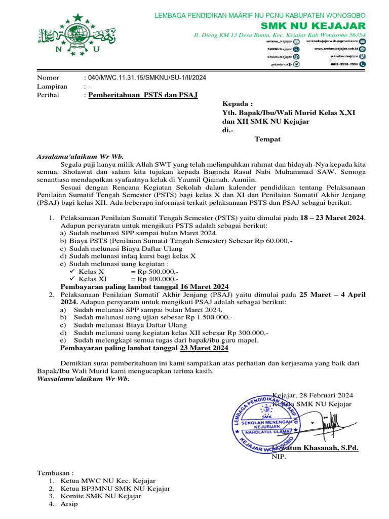 Surat Pemberitahuan PTS PSAJ | PDF