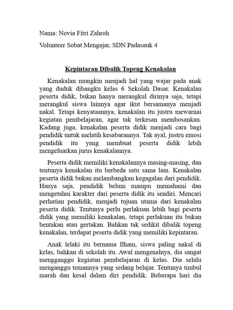 Kisah Inspiratif_Kepintaran Dibalik Topeng Kenakalan_Novia Fitri Zahroh | PDF