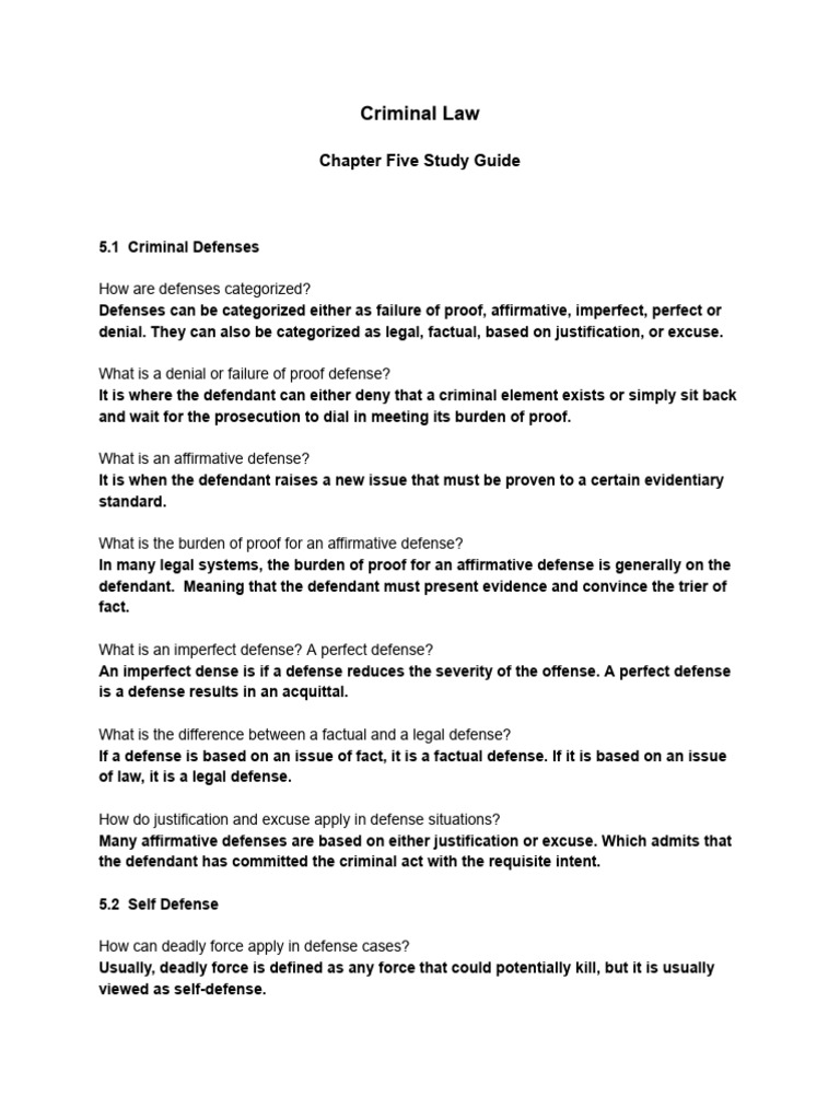 Chapter Five Study Guide-Criminal Law | PDF | Self Defense | Burden Of ...