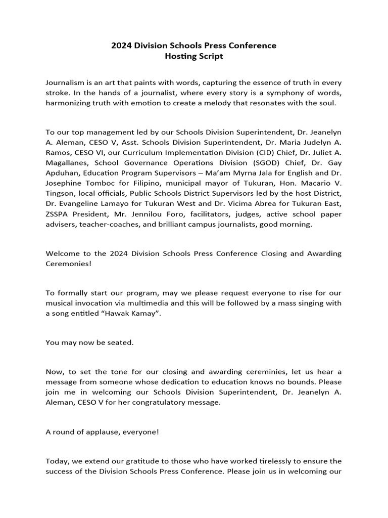 2024 Division Schools Press Conference Script | PDF