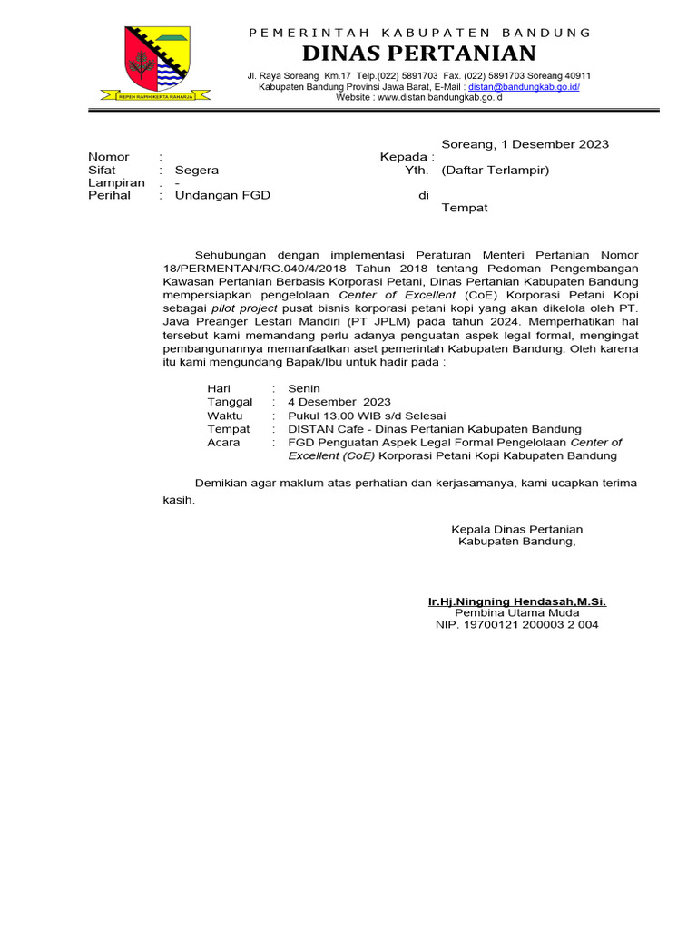Undangan FGD Pengelolaan CoE Kopi Bandung | PDF