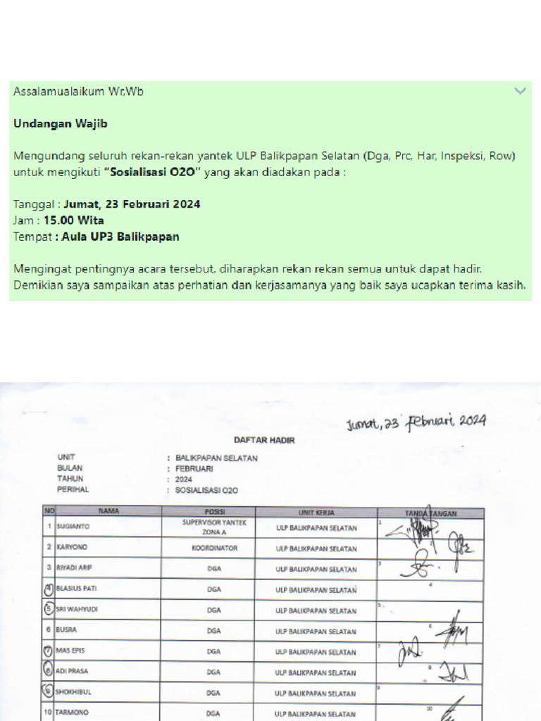 Daftar Hadir Sosialisasi O2o 2024 | PDF