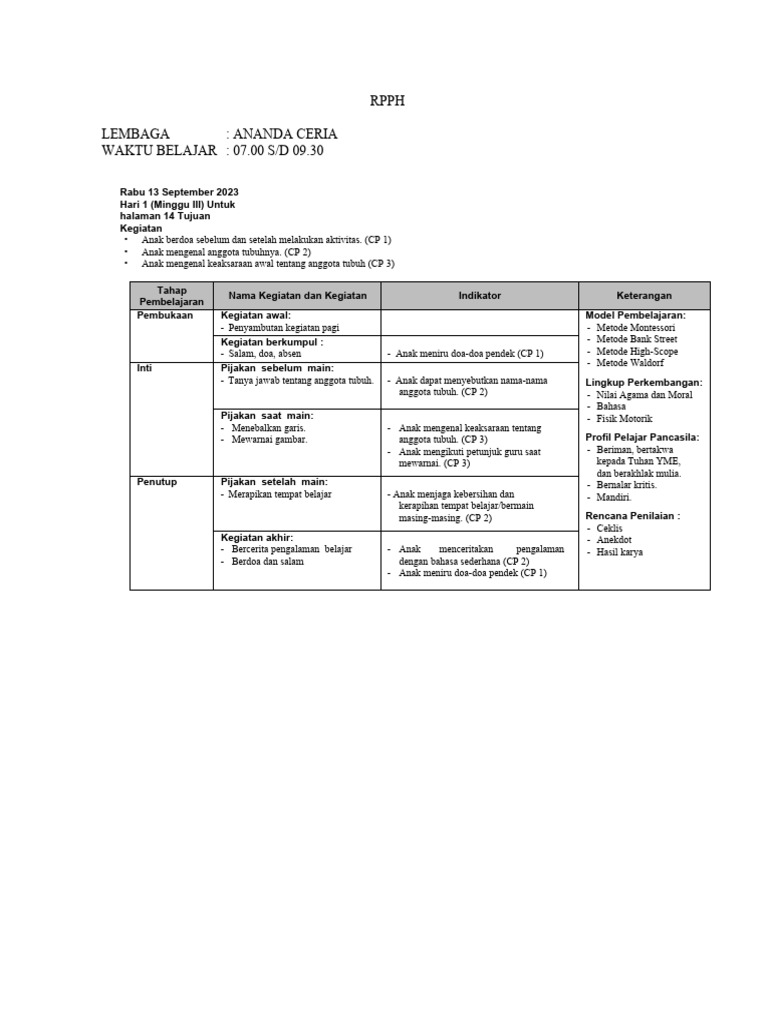 Contoh RPPH Paud | PDF